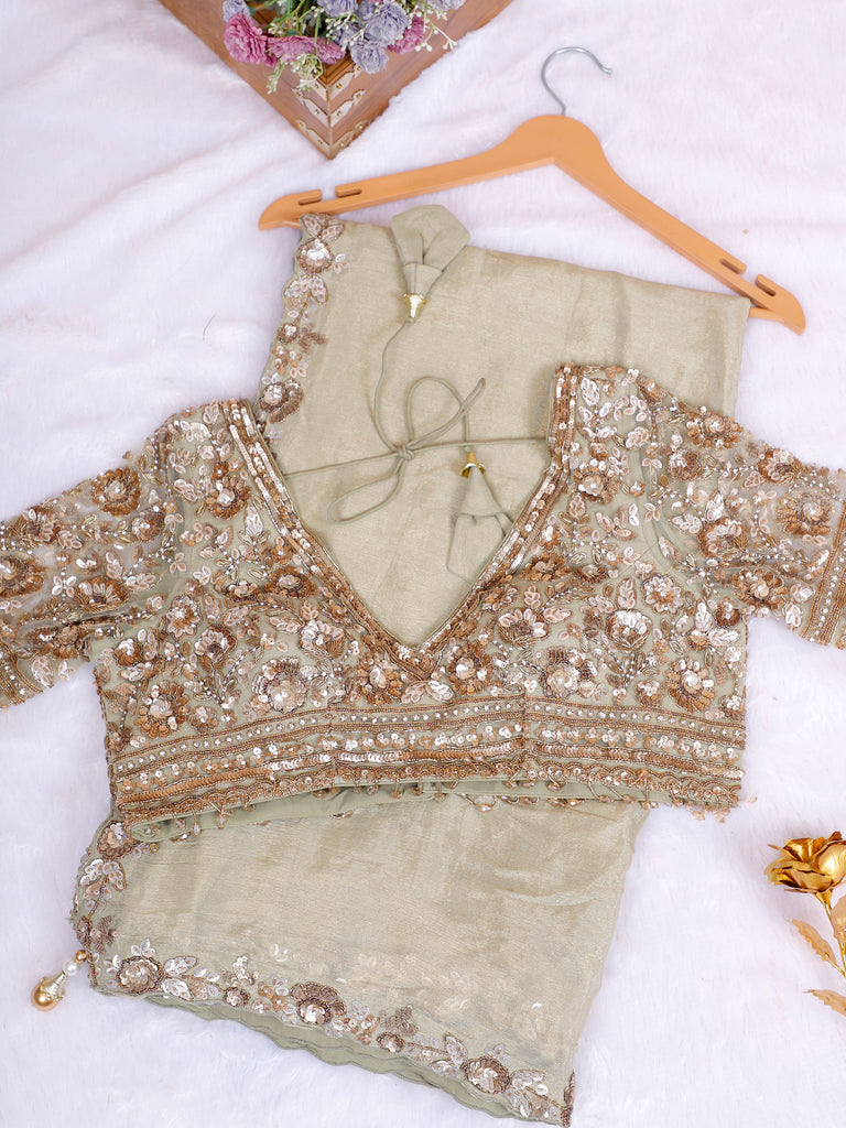English Green Noor-E-Zardozi Fenty Shimmer Saree with Sequins