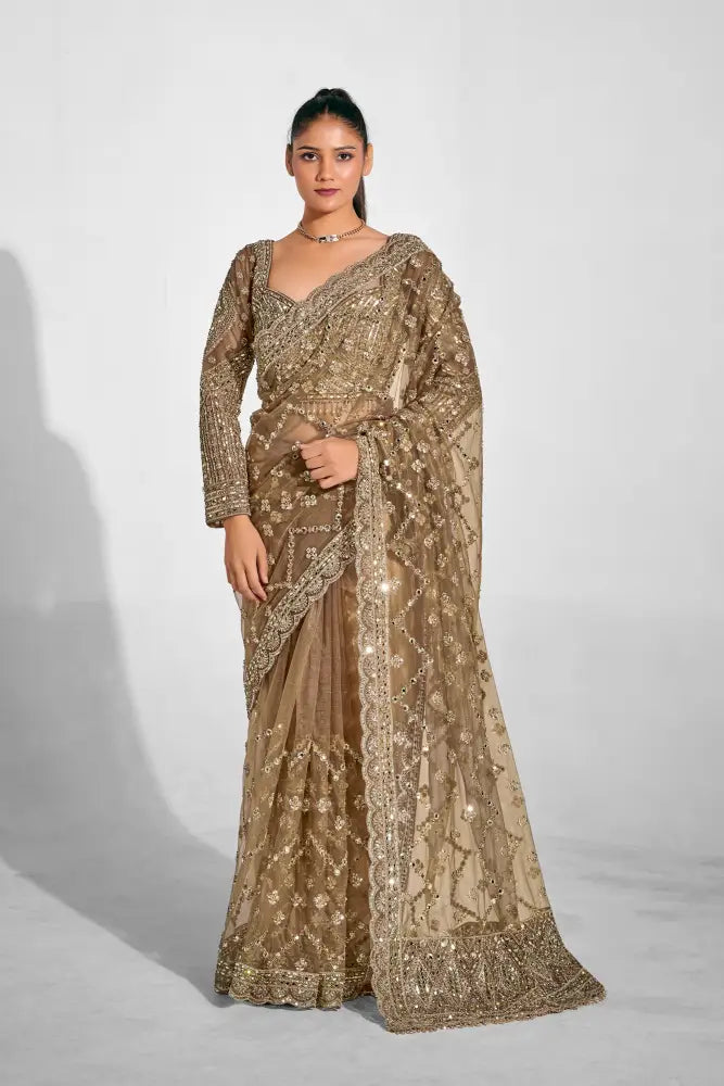 Golden Net Saree for Weddings | Radiant Designer Style
