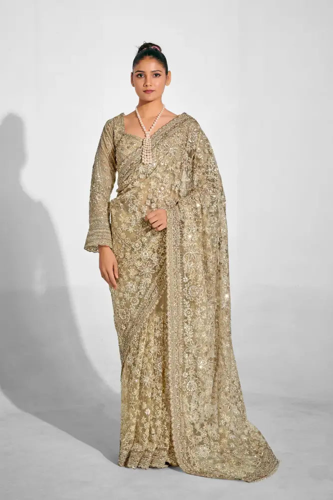 Golden Net Wedding Saree | Handcrafted Designer Look