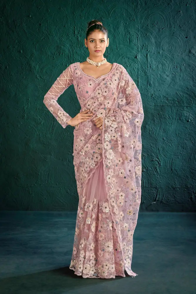 Pretty Pink Net Saree With Sparkling Handcrafted Stone Details