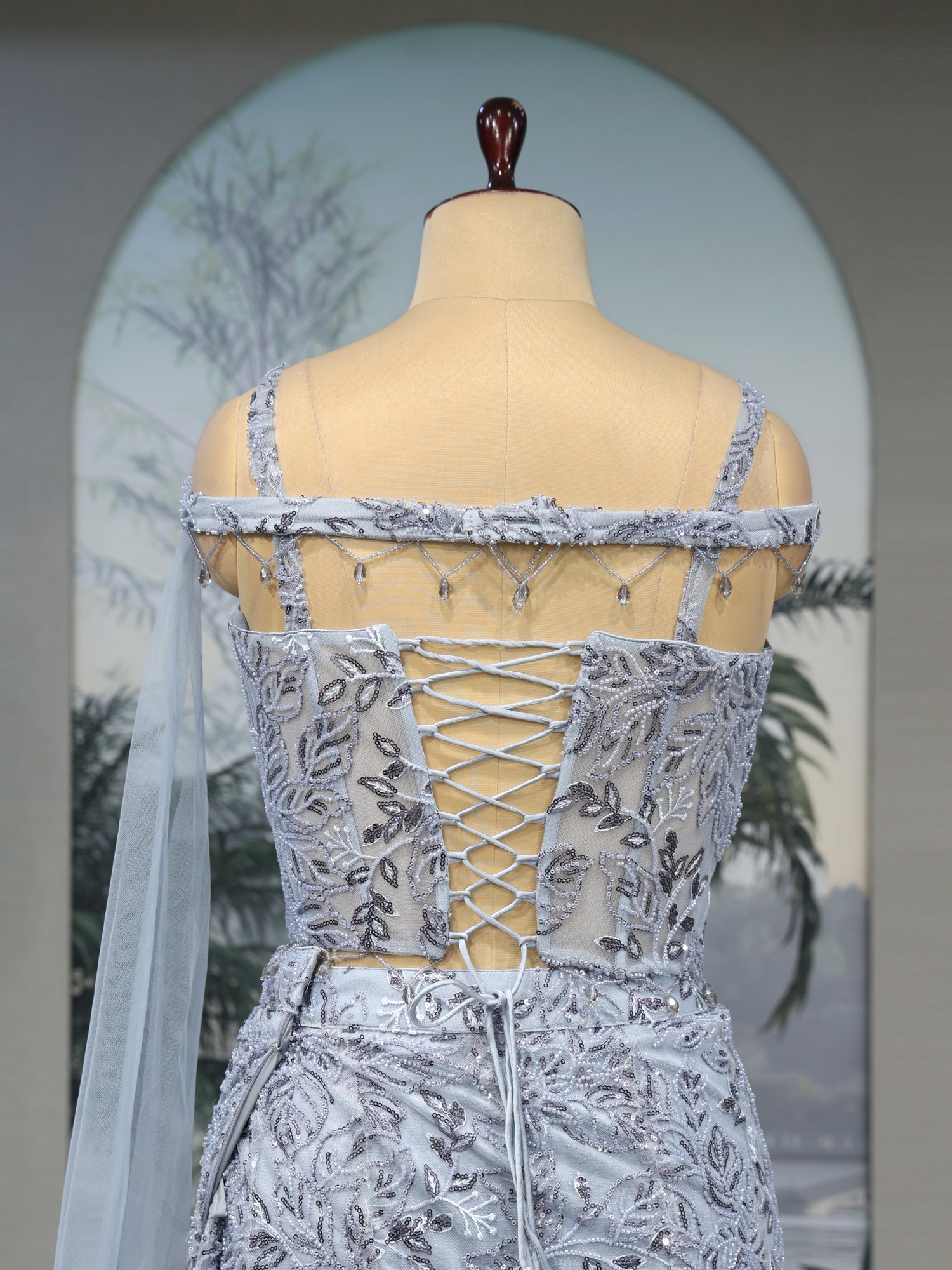 Silver Grey Net Indo Western with Premium Moti Handwork Detailing