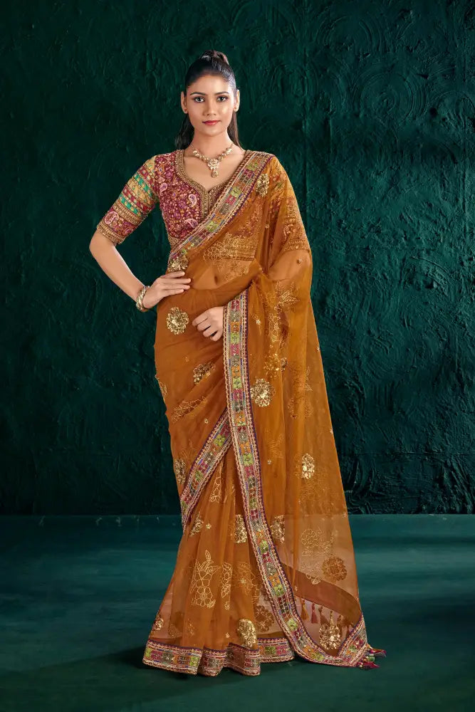 Rust Net Saree with Modern Handwork | Stylish Party Wear Saree